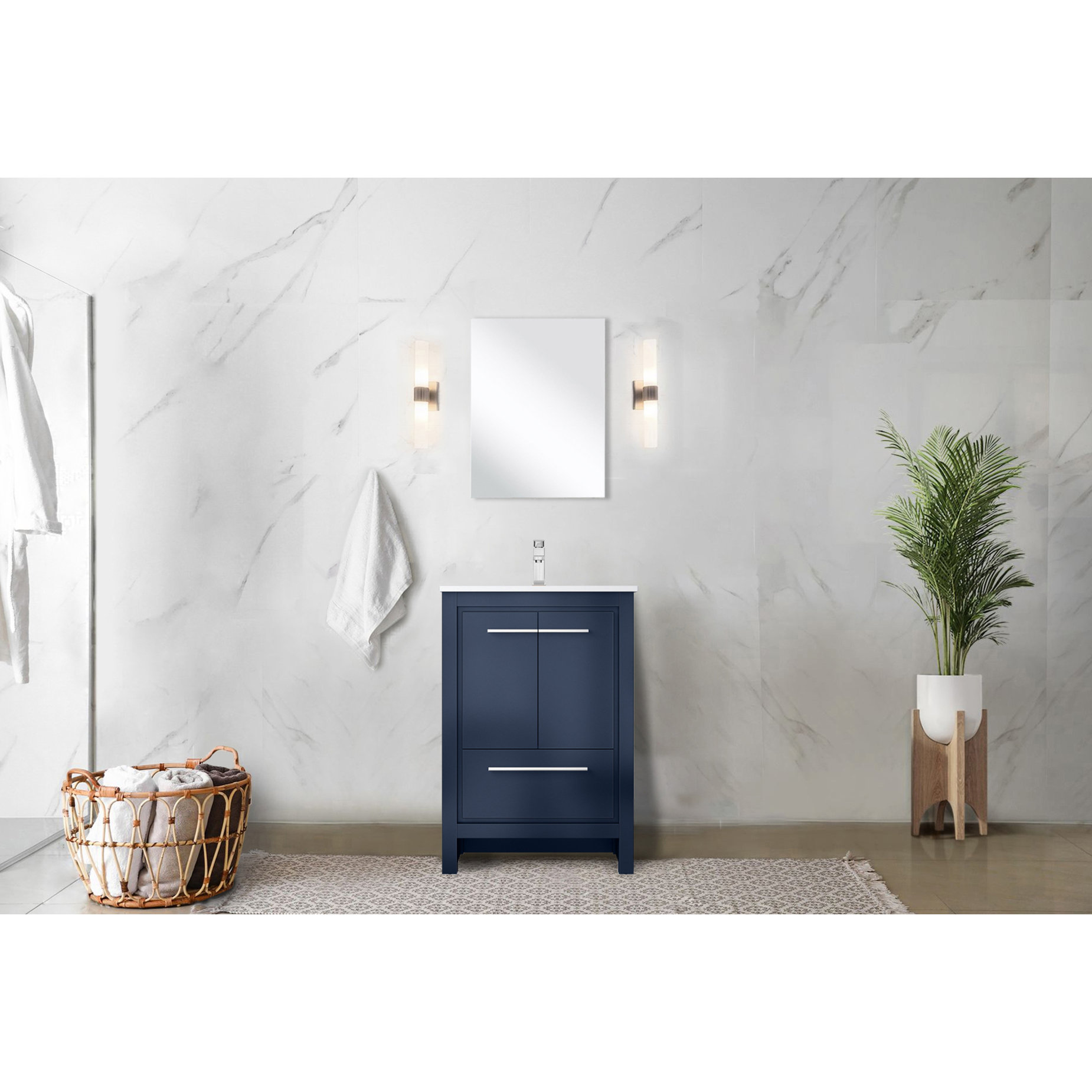 Ebern Designs 24 In. W X 20 D Navy Blue Bathroom Vanity With White Quartz Top & Faucet - Soft ...